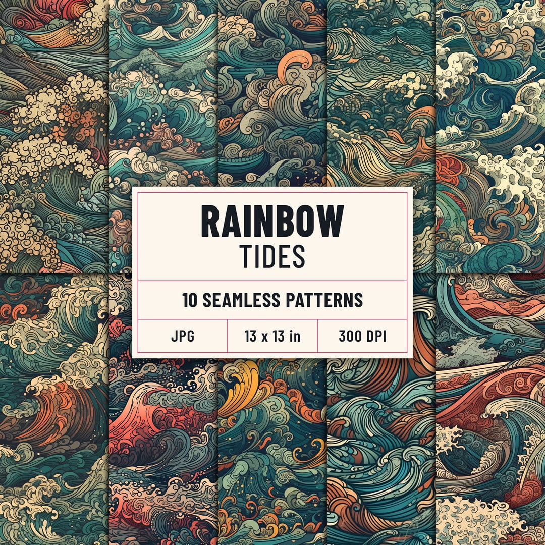 Rainbow Tides Pattern Seamless, Colorful Ocean Waves Digital Paper Pack ...