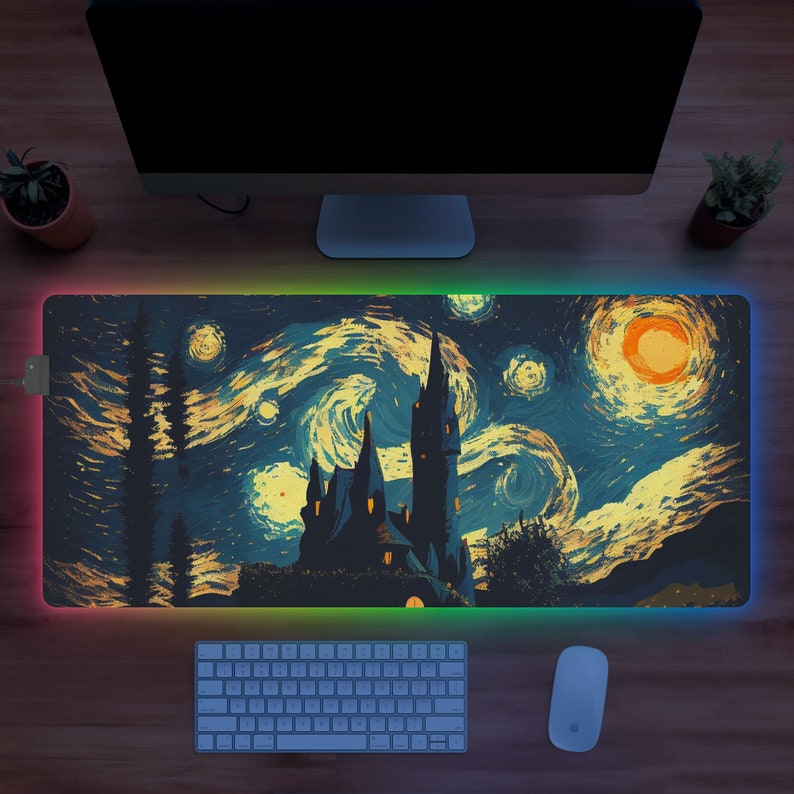 Starry Night Castle Desk Mat, Gaming LED Mouse Pad, Cute Desk Mat With ...