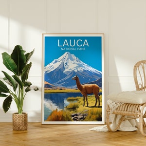 Lauca Travel Poster, Chile Wall Art, Chile Print, Lauca Poster, Llama ...