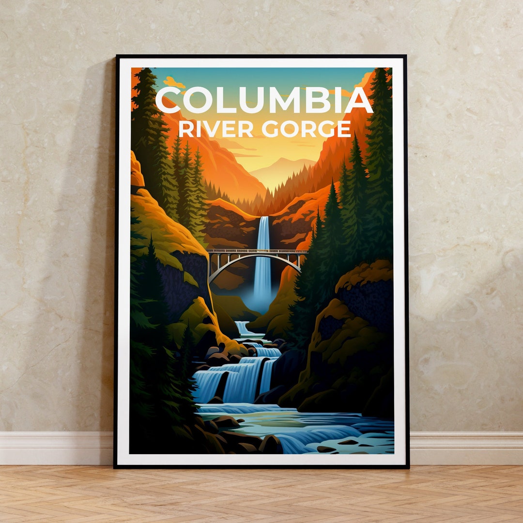 Columbia River Gorge Travel Poster, Multnomah Falls Wall Art, Multnomah ...