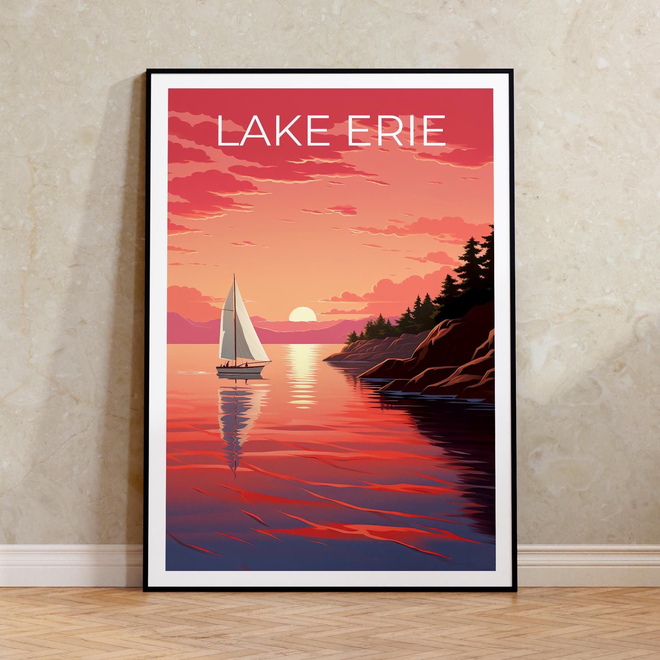 Lake Erie Travel Print, Michigan Poster, Great Lakes Wall Art, Coast ...