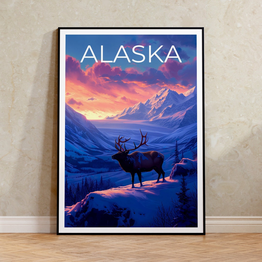 Alaska Travel Poster, Deer Wall Art, Deer Print, Alaska Poster, Deer ...