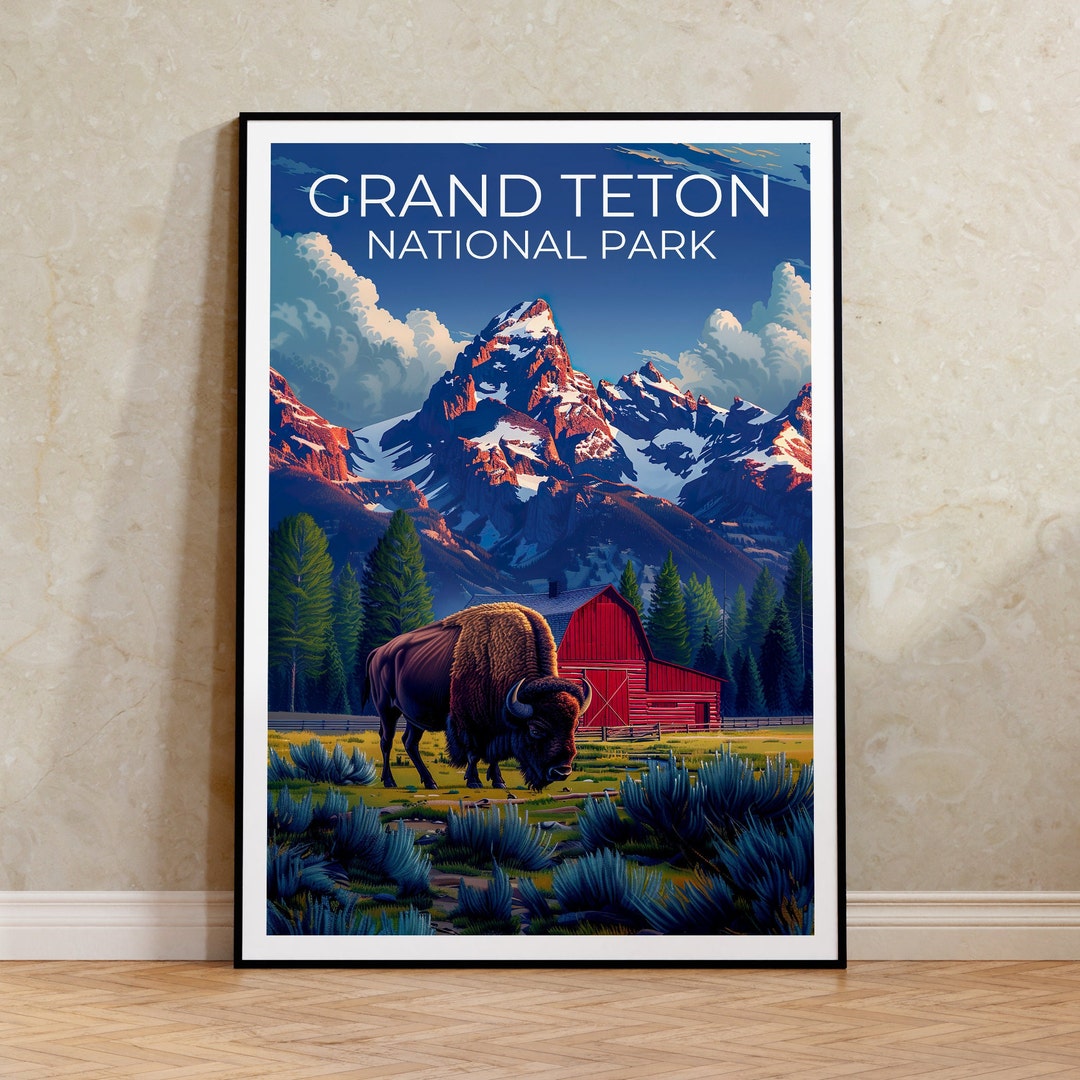 Grand Teton National Park Poster, Wyoming Print, Wyoming Art, Bison Print, Grand Teton Poster ...