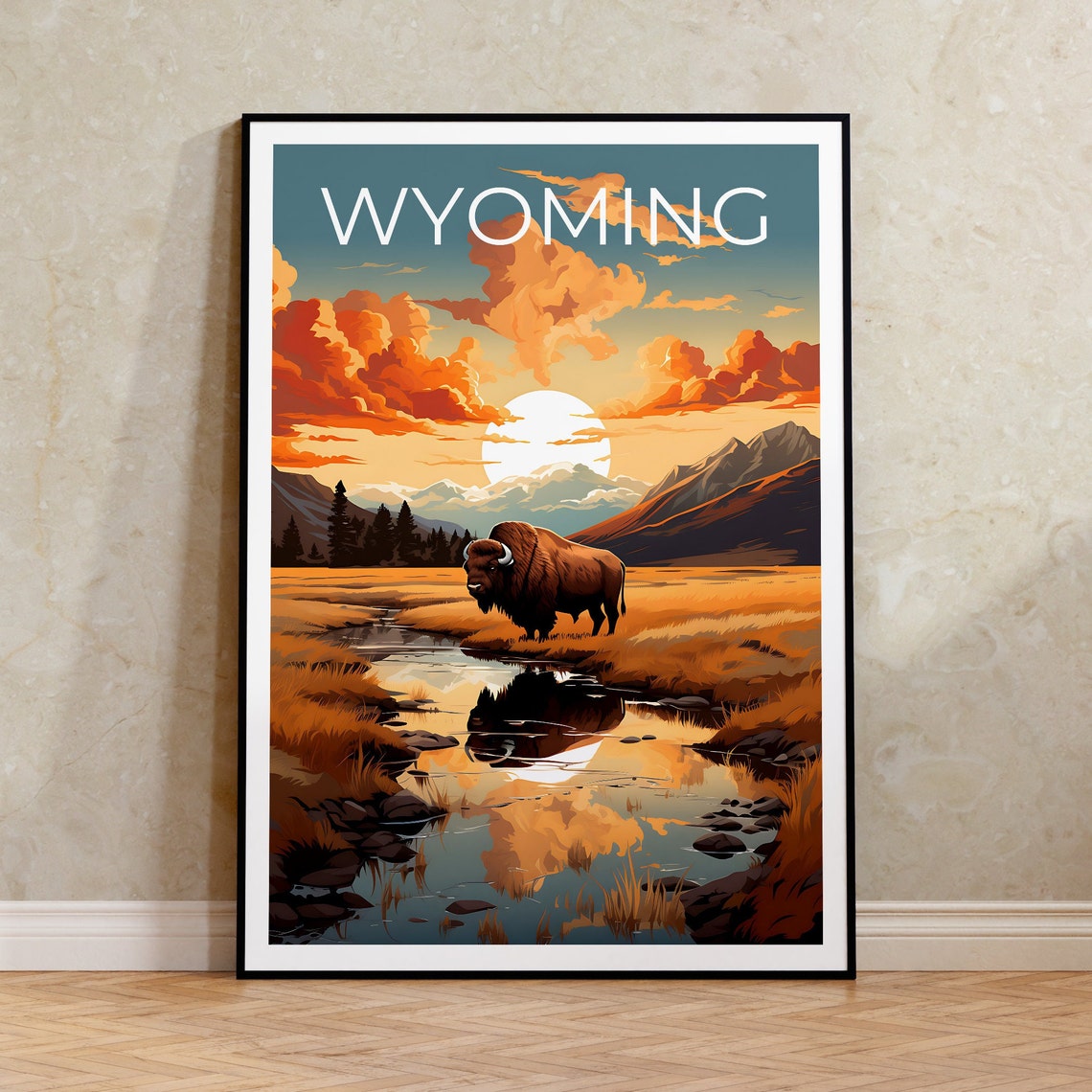 Wyoming Poster, Bison Print, Bison Art, Bison Print, Wyoming Travel ...