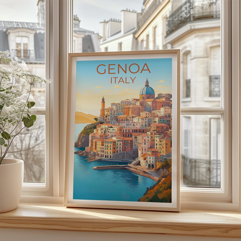 Genoa Travel Print, Italy Poster, Europe Wall Art, Harbor Illustration ...