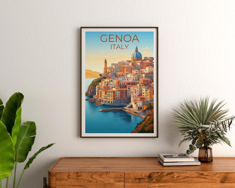 Genoa Travel Print, Italy Poster, Europe Wall Art, Harbor Illustration ...