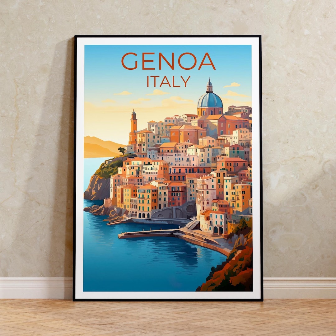 Genoa Travel Print, Italy Poster, Europe Wall Art, Harbor Illustration ...