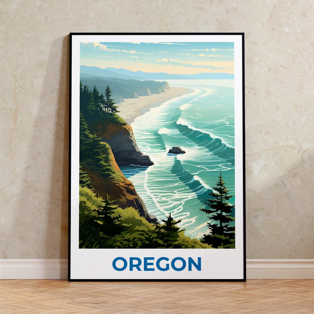 Oregon Travel Print Coast Poster Beach Wall Art West Coast Illustration ...