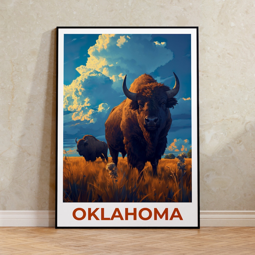 Oklahoma Travel Poster, Bison Wall Art, Bison Print, Oklahoma Poster ...