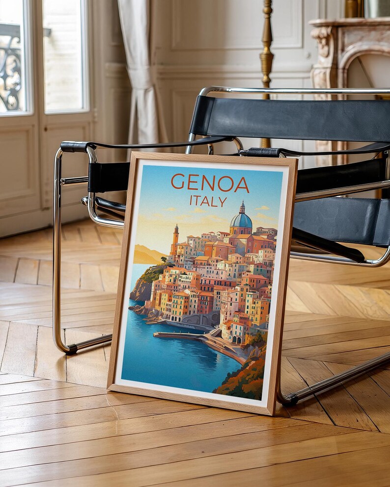 Genoa Travel Print, Italy Poster, Europe Wall Art, Harbor Illustration ...