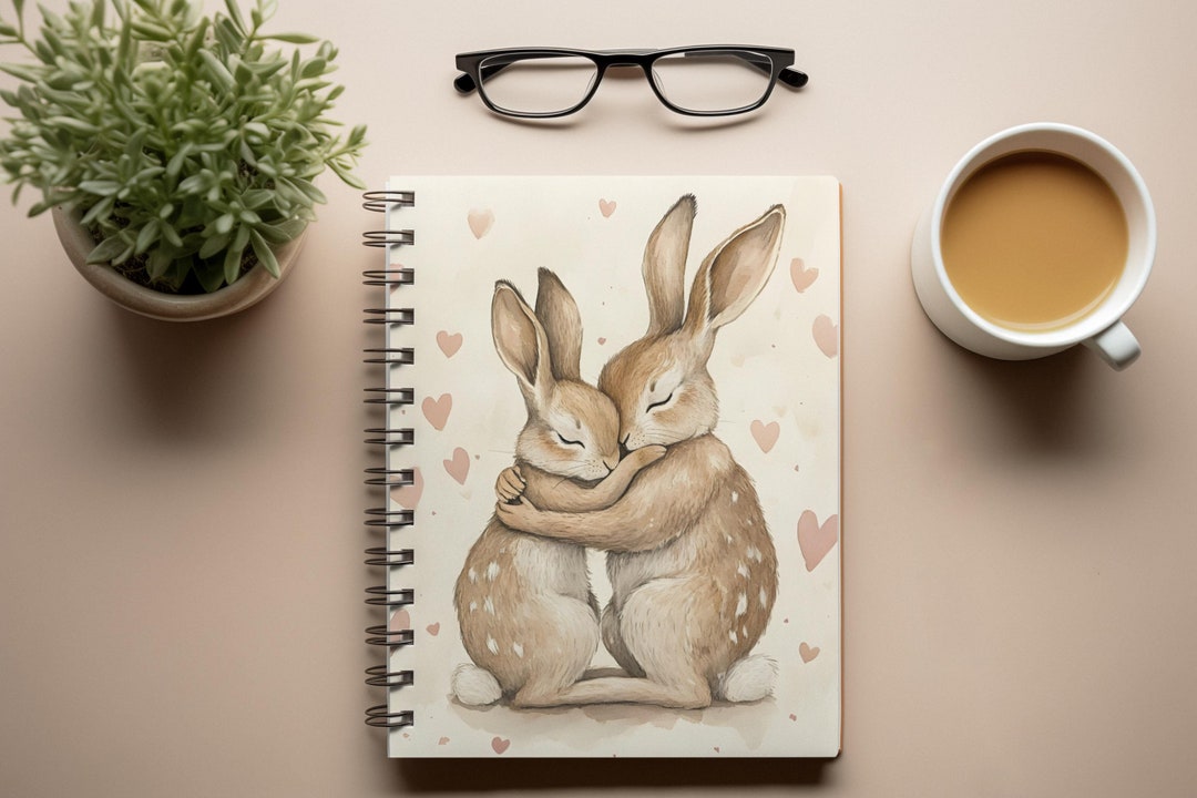 Cute Bunny Notebook - Hugging Rabbit Couple Design | Spiral Bound ...