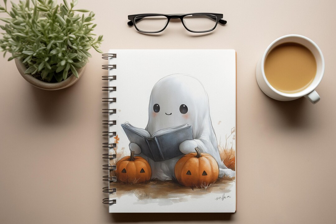 Cute Ghost Reading Spiral Notebook - Ruled Line, Journal, Notepad ...