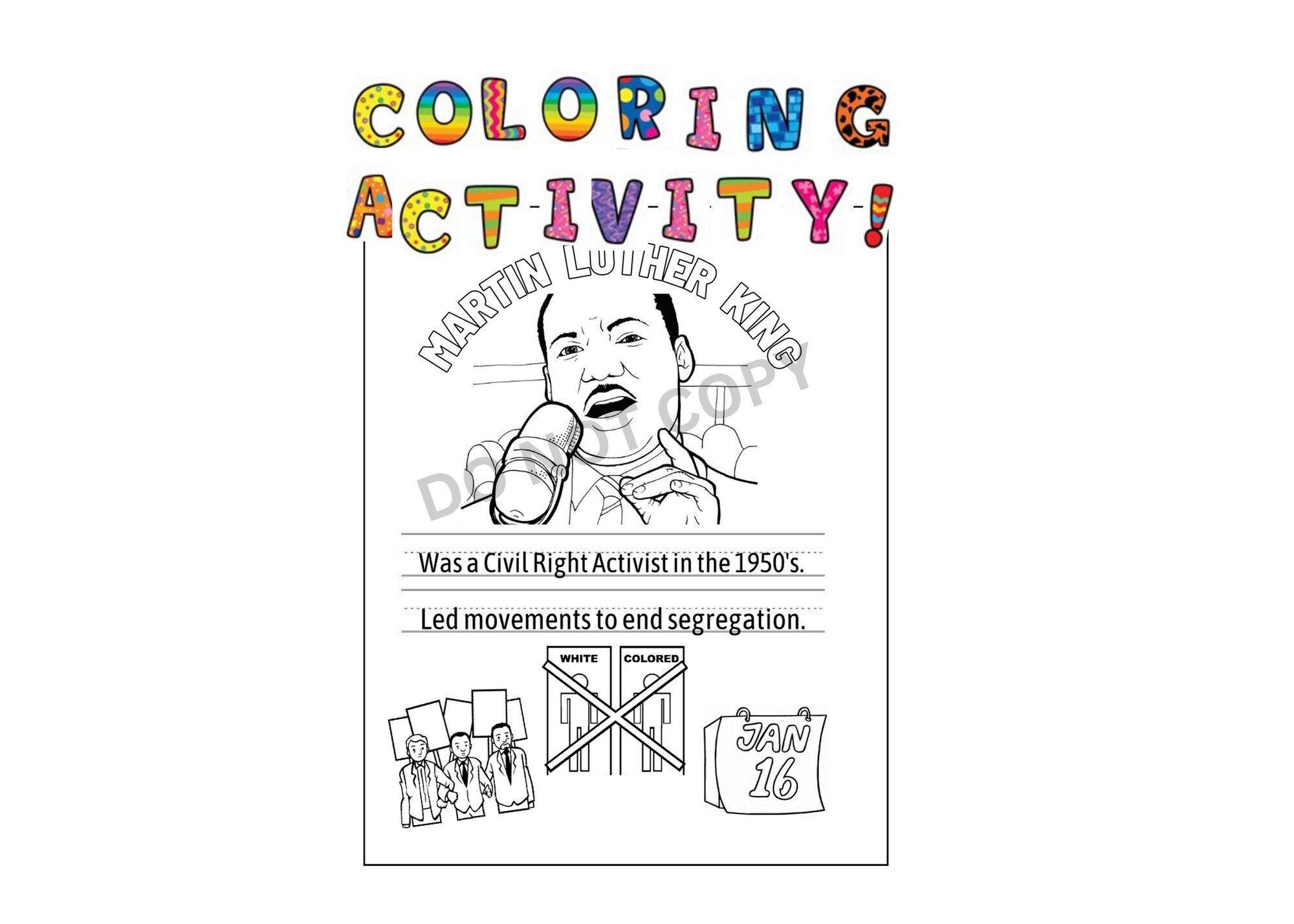 Martin Luther King Coloring Activity, MLK Learning Pages,i Have a Dream ...