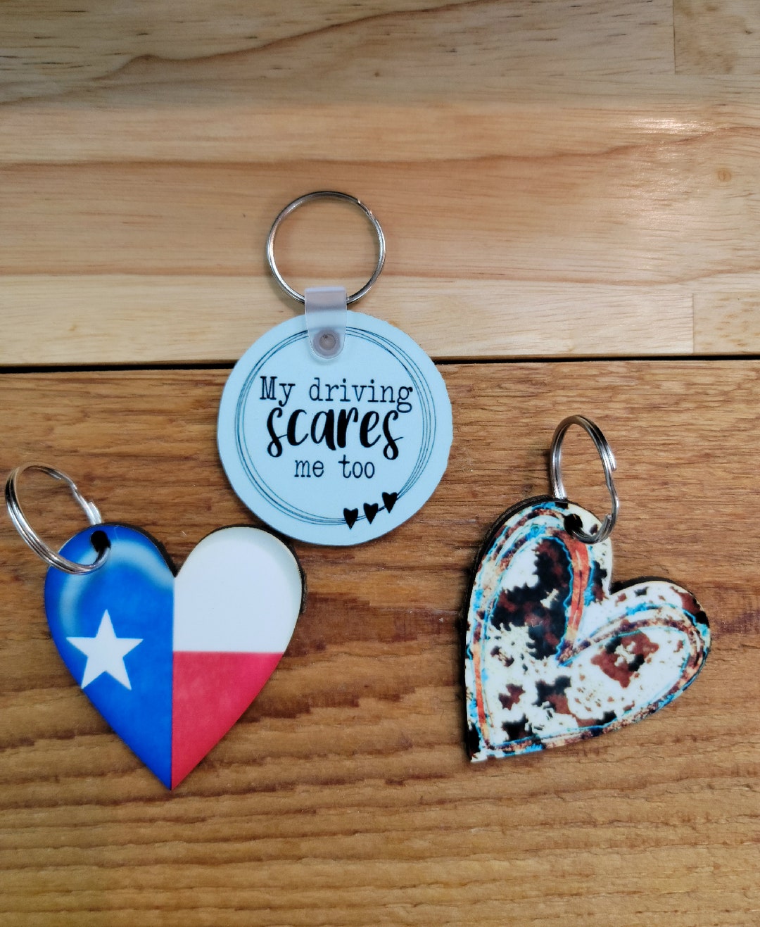 Cow Print Heart Keychain/my Driving Scares Me Keychain/texas Flag ...