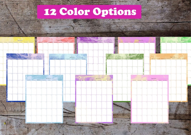 Blank Monthly Calendar | Colourful | 12 Different Colour Options ...