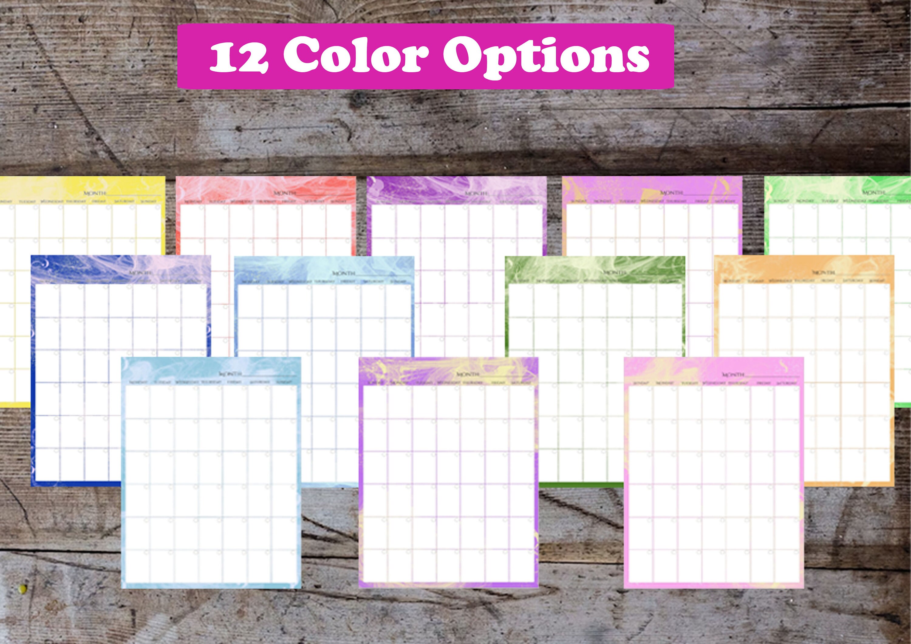 Blank Monthly Calendar | Colourful | 12 Different Colour Options ...