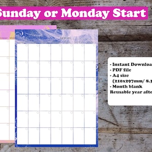 Blank Monthly Calendar | Colourful | 12 Different Colour Options ...