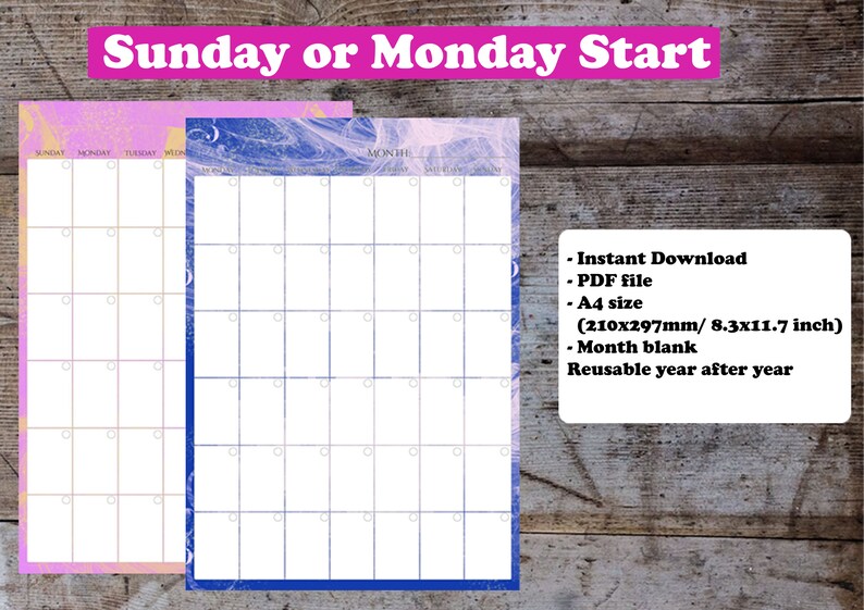 Blank Monthly Calendar | Colourful | 12 Different Colour Options ...