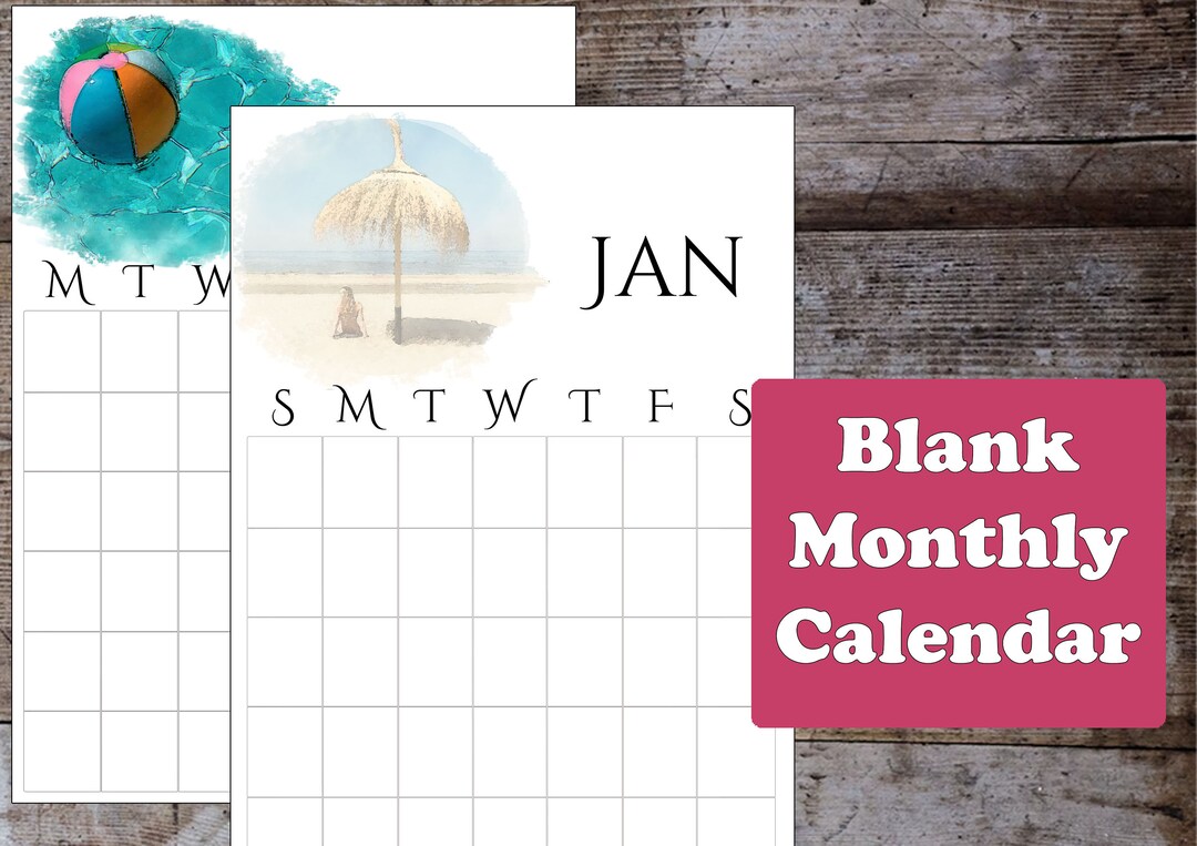 Blank Monthly Calendar | Beach Themed | 12 Different Designs | Sunday ...