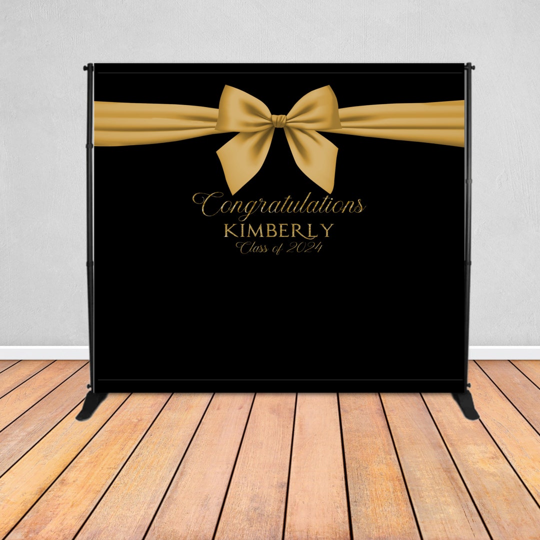 Personalized Gold and Black Graduation Vinyl Backdrop, Printed Gold Bow ...