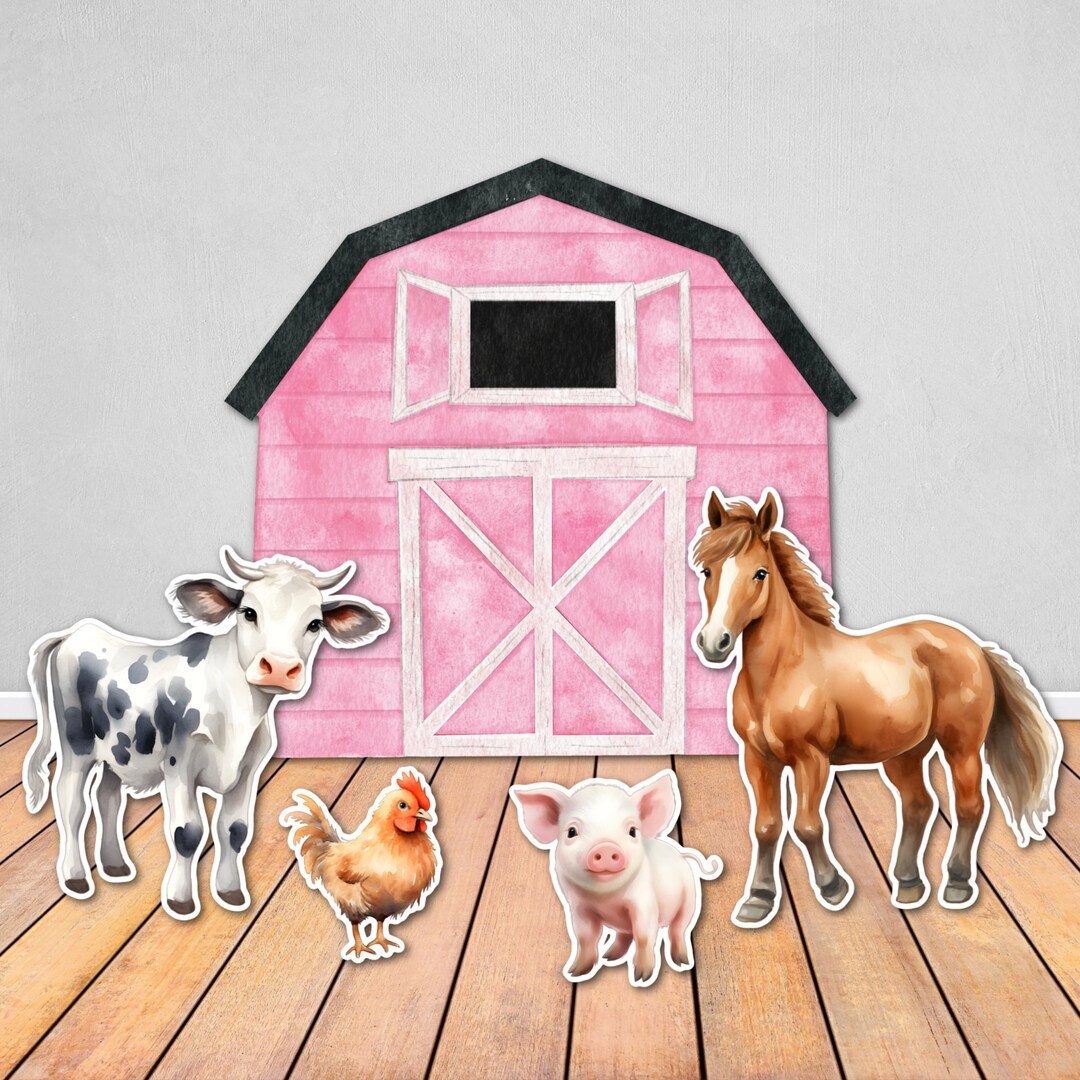 Pink Barn and Farm Animal Backdrop and Cut Outs, Farm Theme Birthday ...