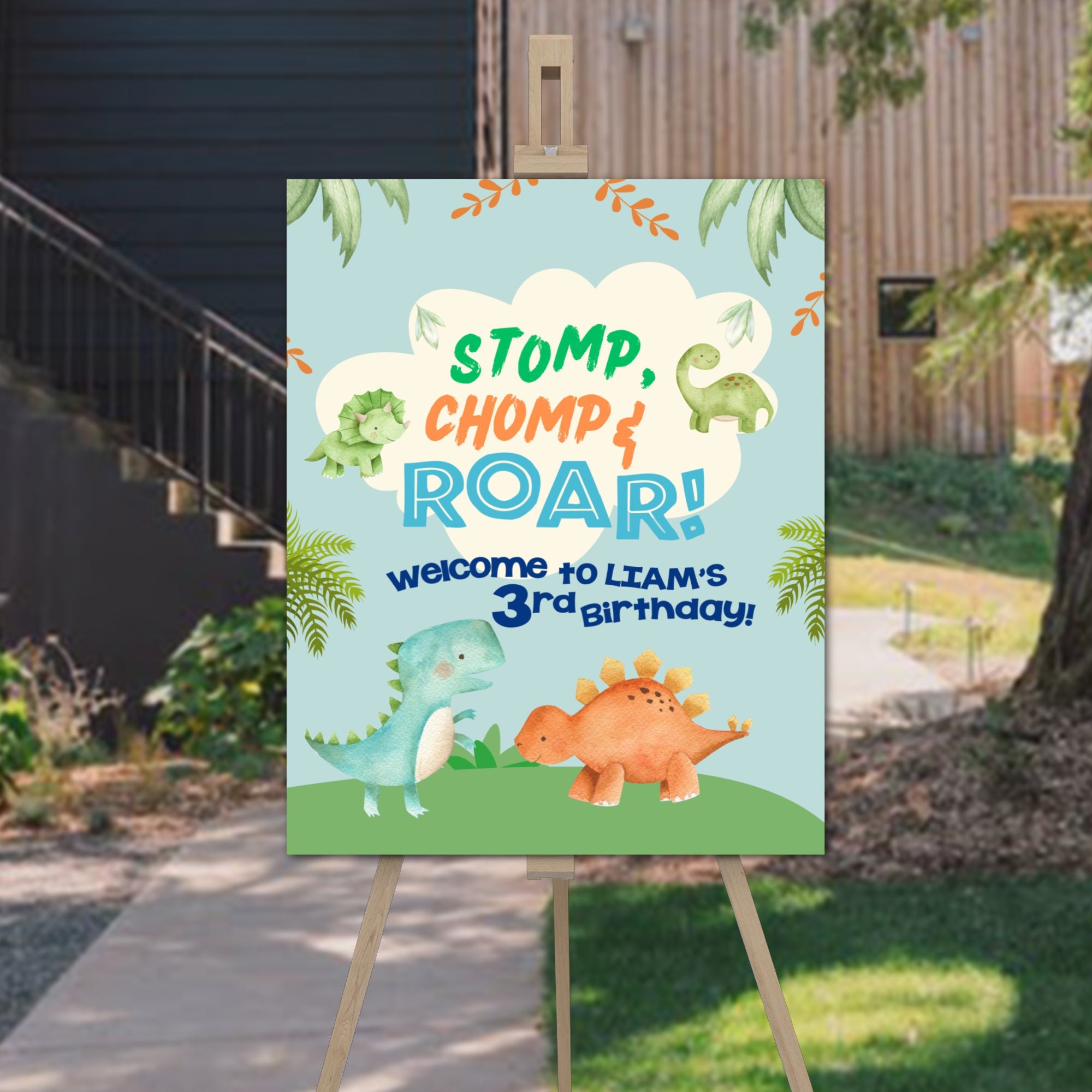 Personalized Watercolor Dinosaur Foam Board Welcome Sign, Stomp Chomp ...