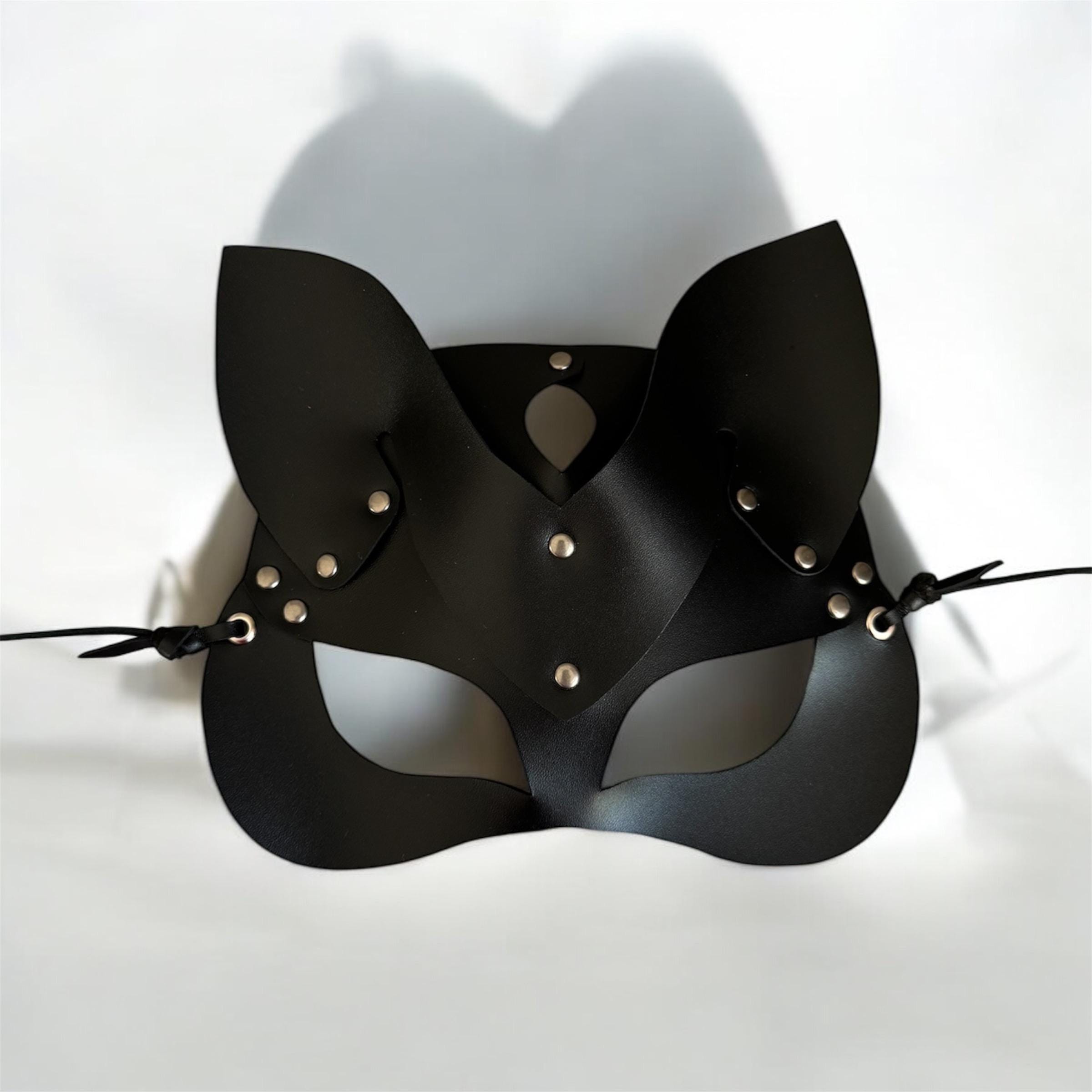Leather Cat Bunny Mask, Black Red Mask for Masquerade, Festival Mask ...