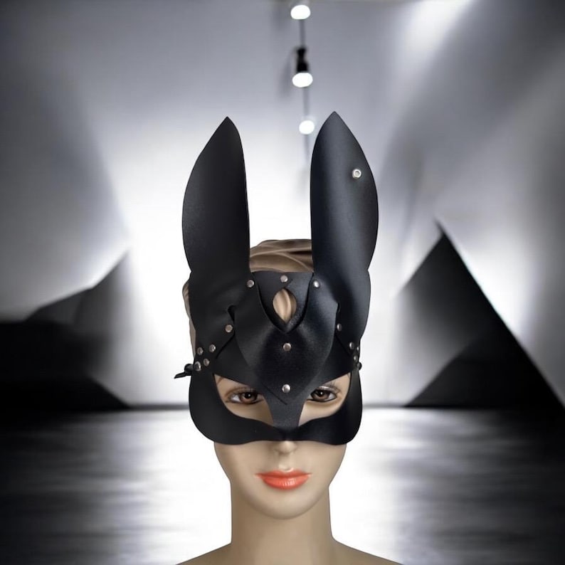 Leather Cat Bunny Mask, Black Red Mask for Masquerade, Festival Mask ...