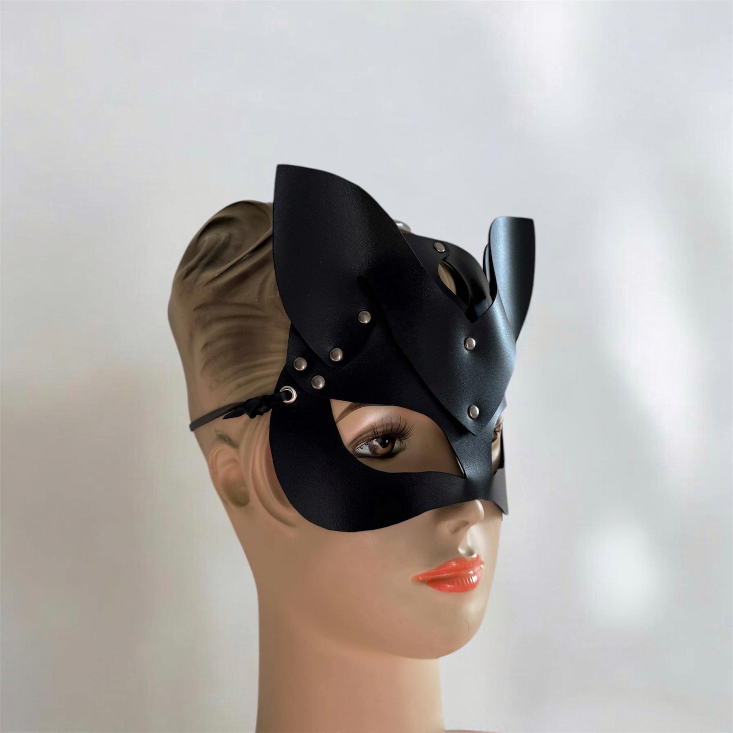 Leather Cat Bunny Mask, Black Red Mask for Masquerade, Festival Mask ...