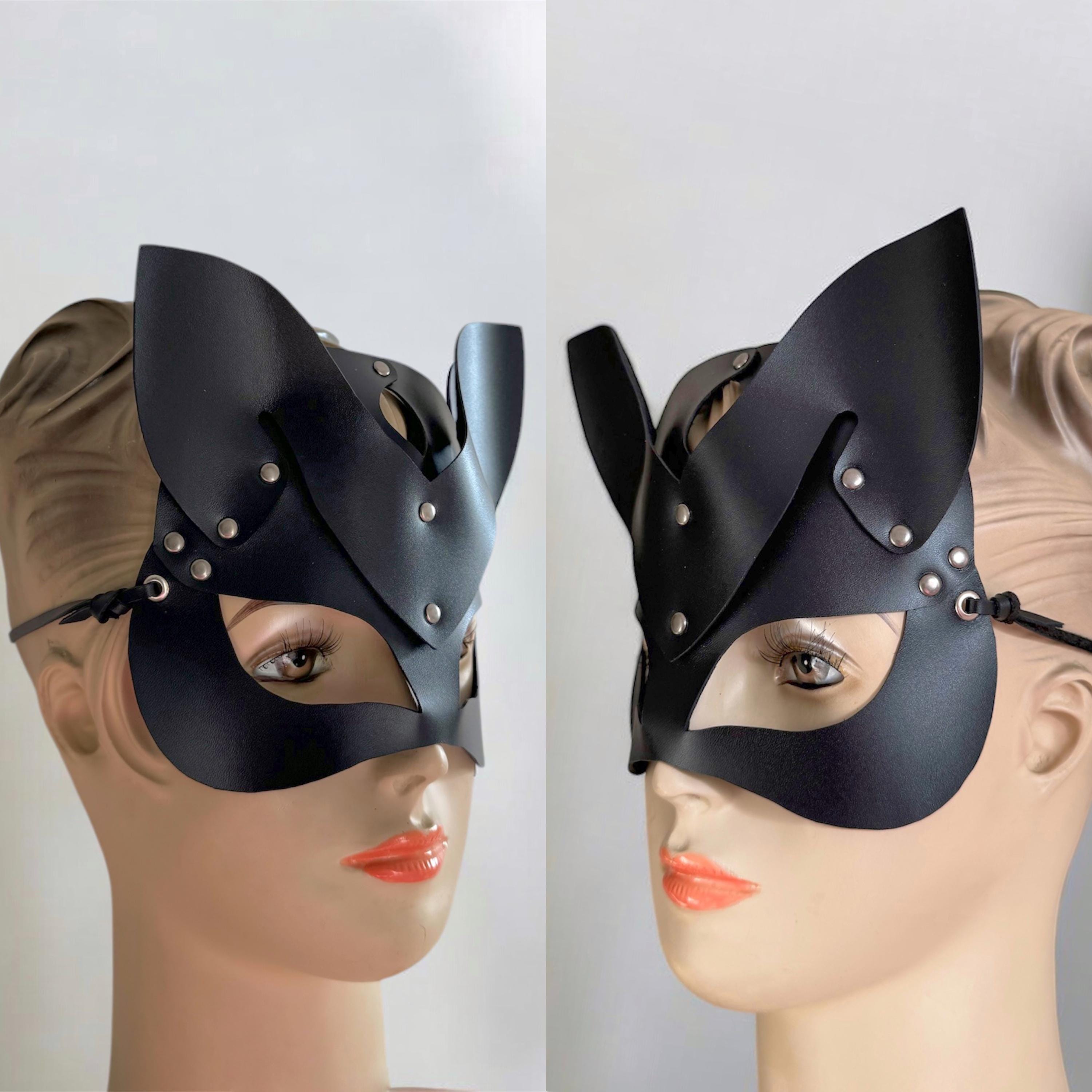 Leather Cat Bunny Mask, Black Red Mask for Masquerade, Festival Mask ...