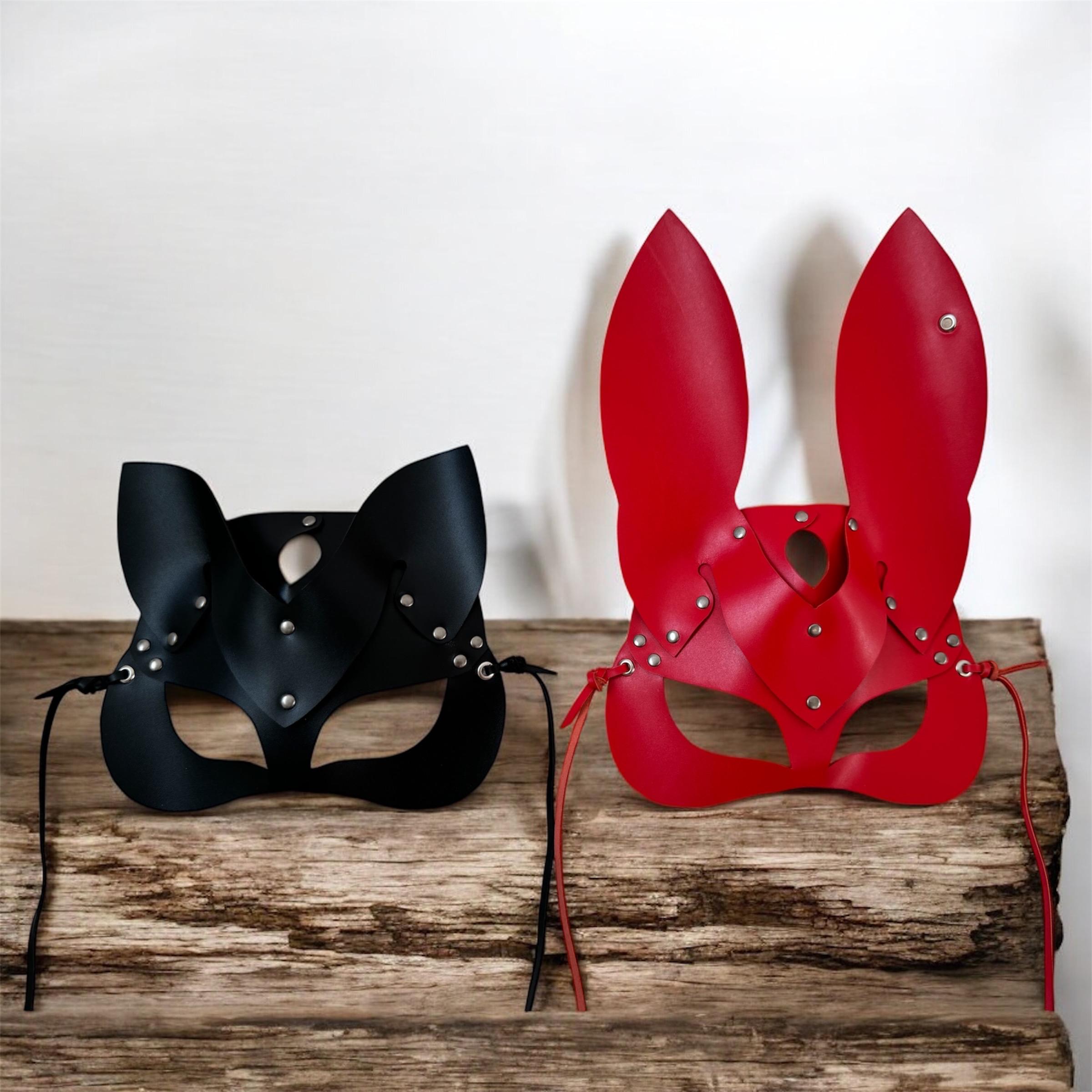 Leather Cat Bunny Mask, Black Red Mask for Masquerade, Festival Mask ...
