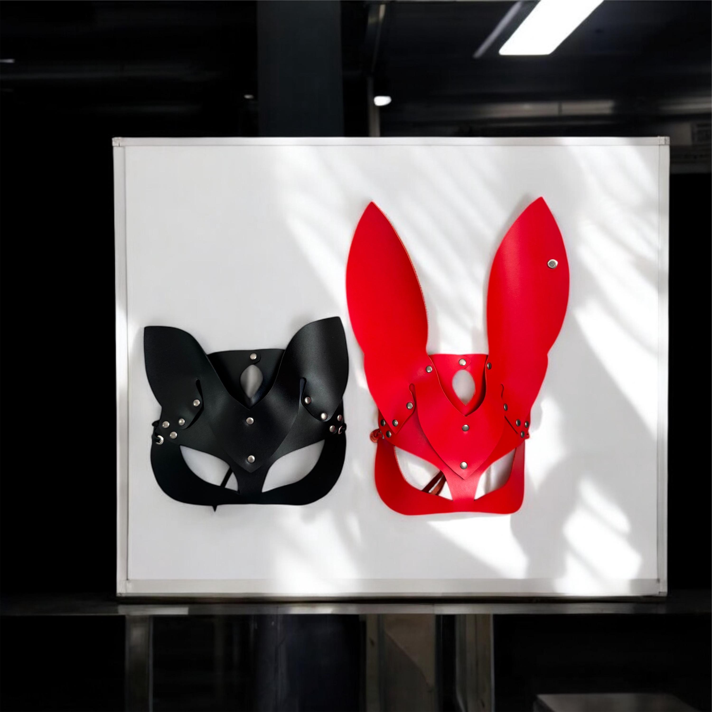 Leather Cat Bunny Mask, Black Red Mask for Masquerade, Festival Mask ...