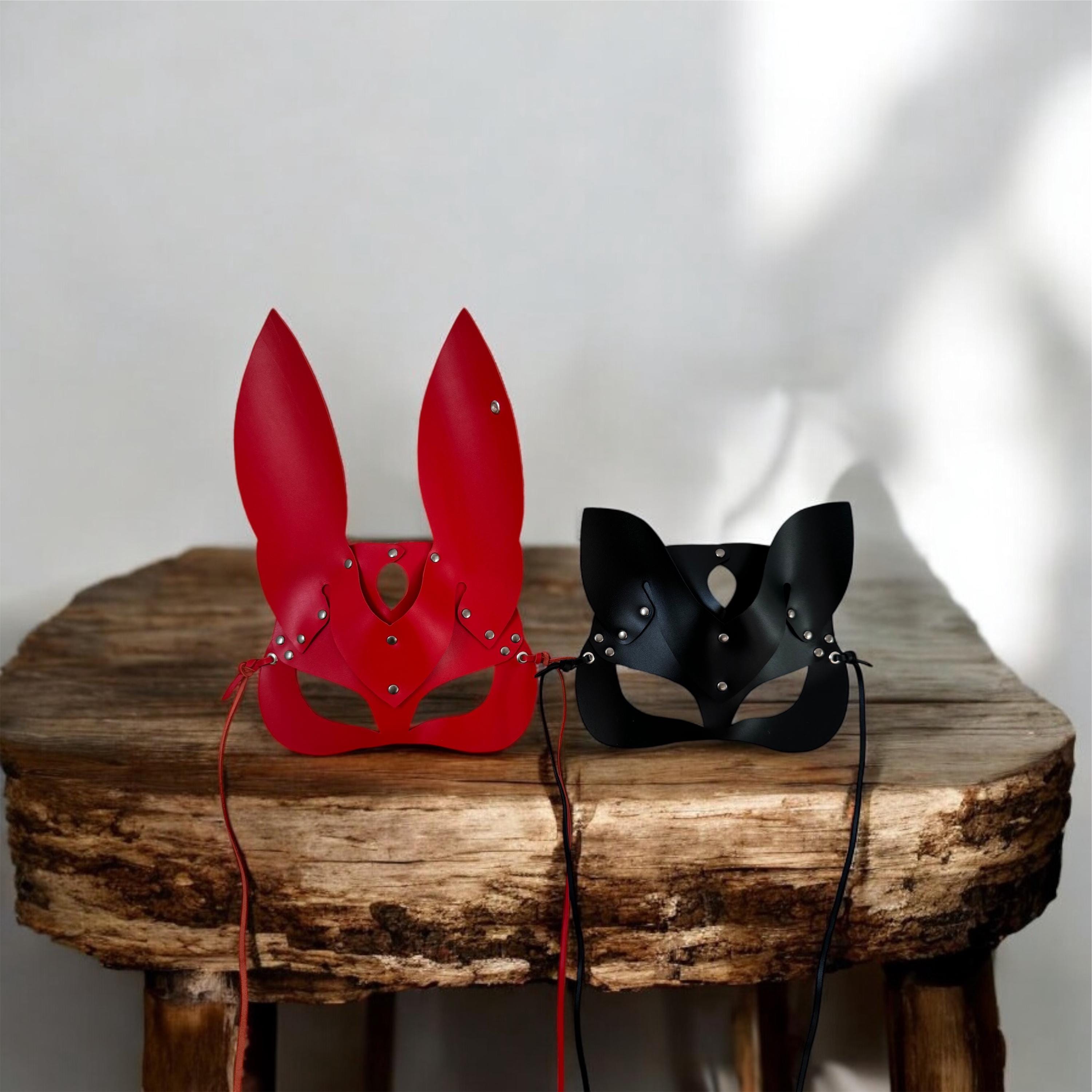 Leather Cat Bunny Mask, Black Red Mask for Masquerade, Festival Mask ...