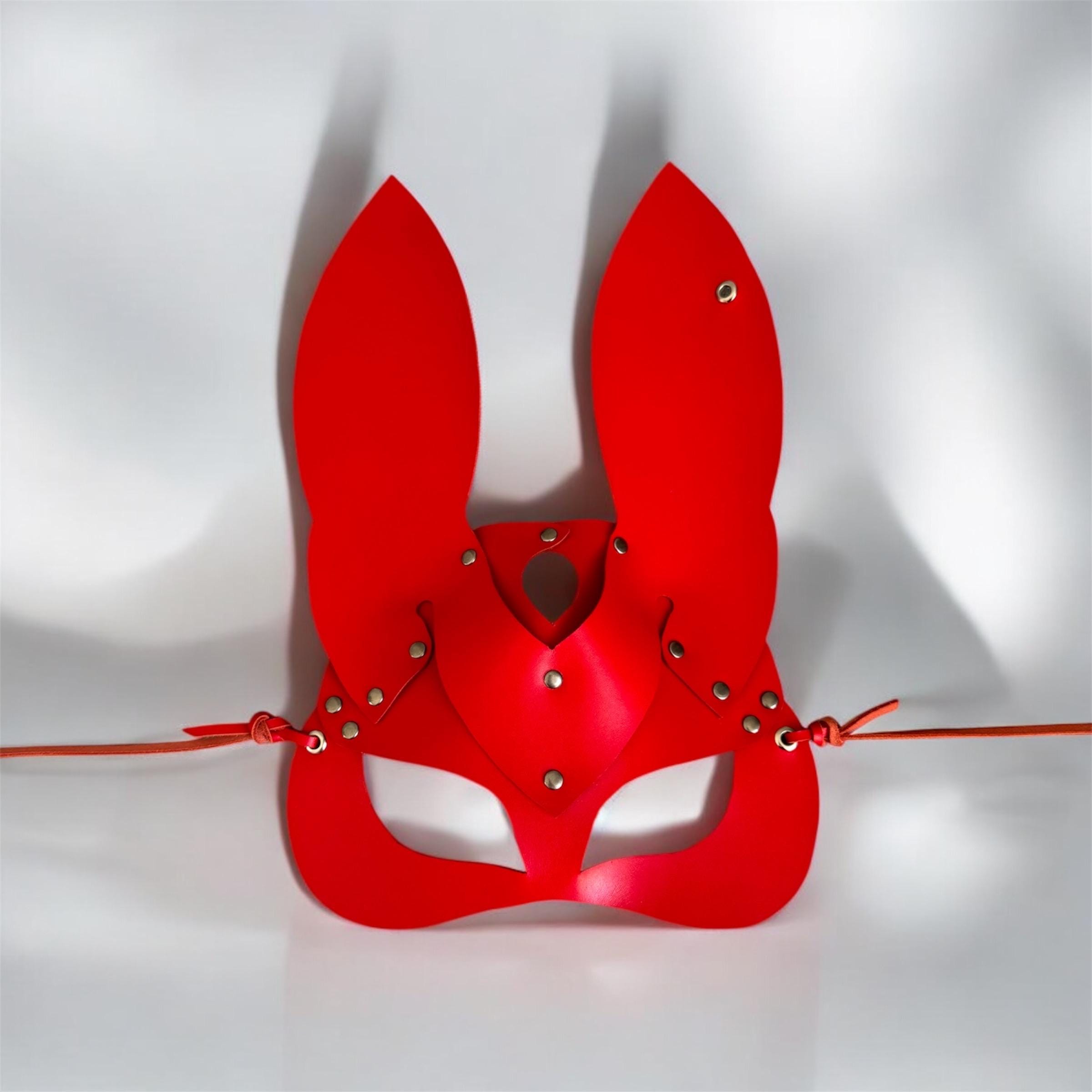 Leather Cat Bunny Mask, Black Red Mask for Masquerade, Festival Mask ...