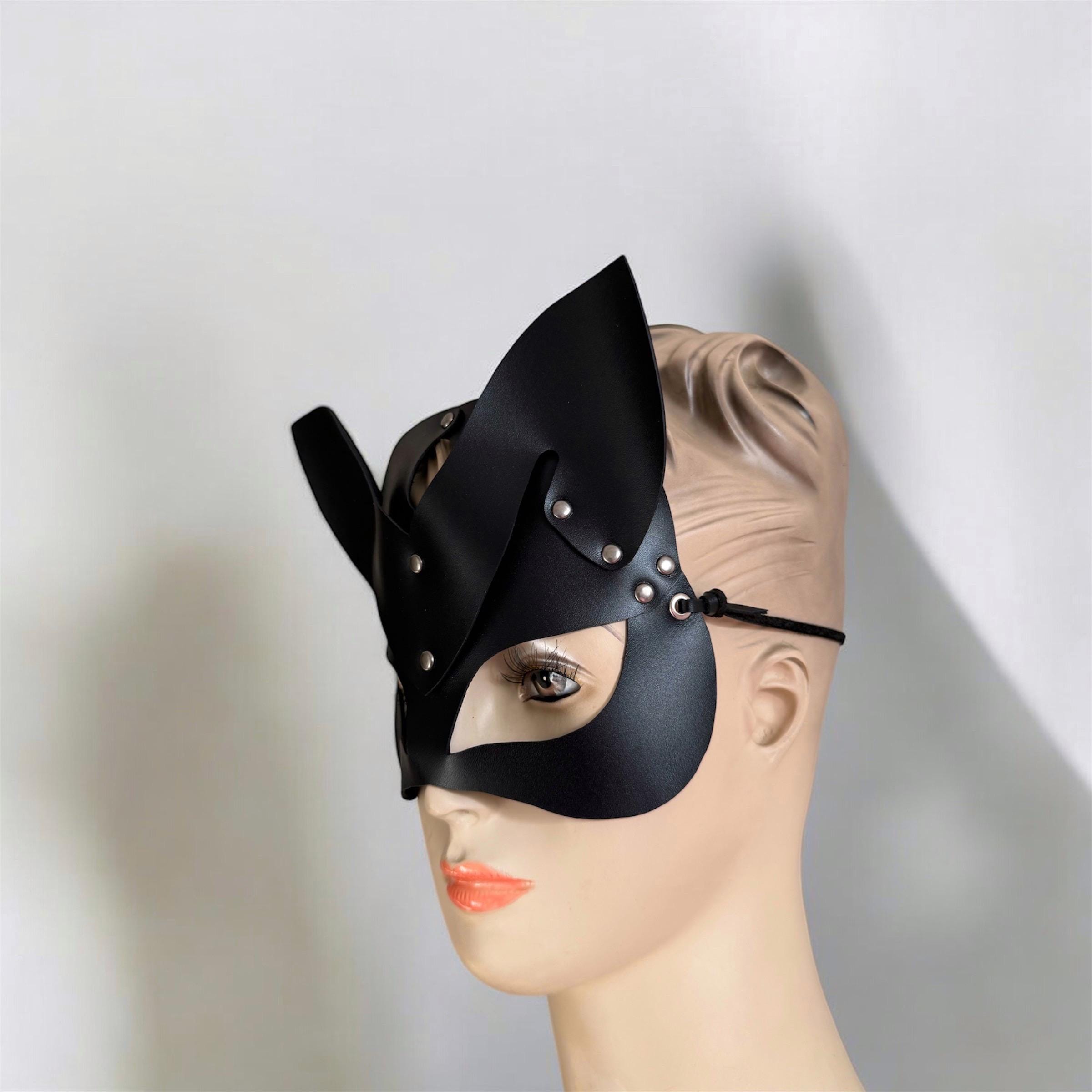 Leather Cat Bunny Mask, Black Red Mask for Masquerade, Festival Mask ...