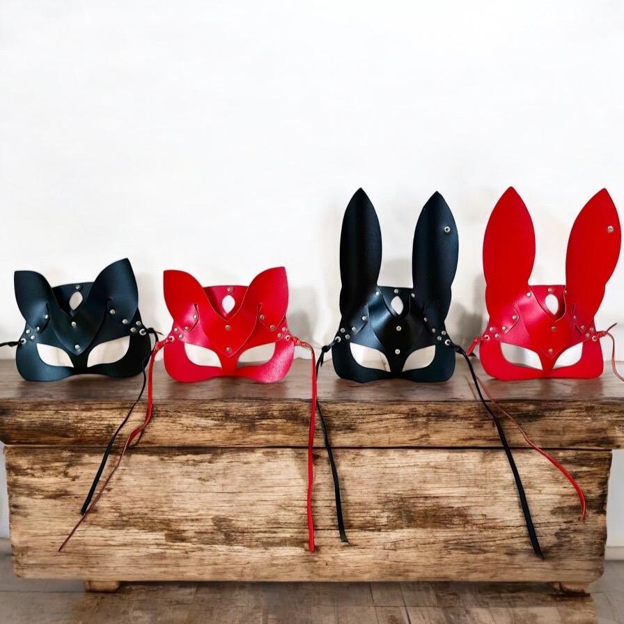 Leather Cat Bunny Mask, Black Red Mask for Masquerade, Festival Mask ...