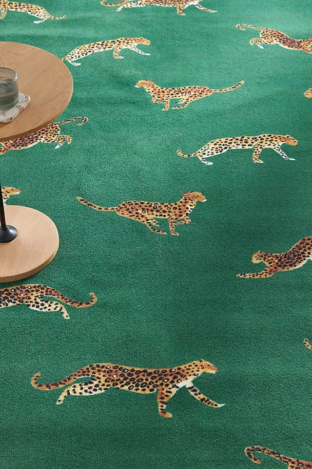 Cheetah Green Maize Navy Handmade Tufted Woolen Area Rug / Bedroom Rug ...