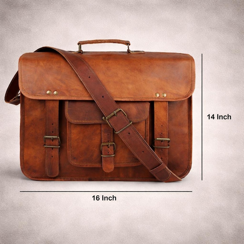 Full Grain Large Leather Laptop Briefcase 16", Messenger Bag With ...
