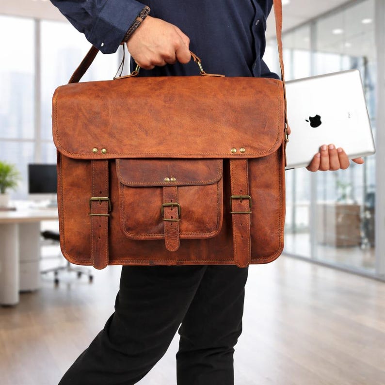 Full Grain Large Leather Laptop Briefcase 16", Messenger Bag With ...
