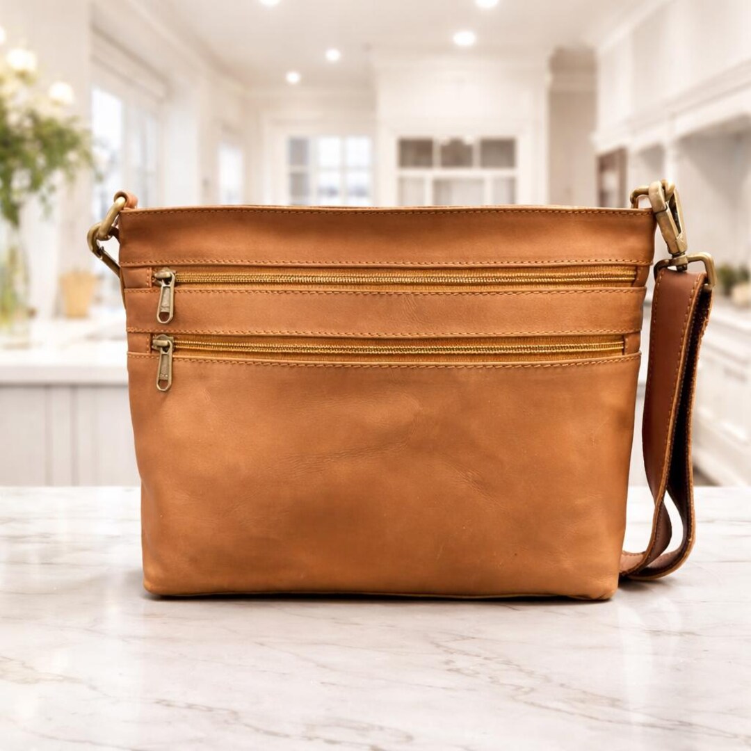 Leather Crossbody Sling Purse With Front Zipper Pockets and Inner Zip ...