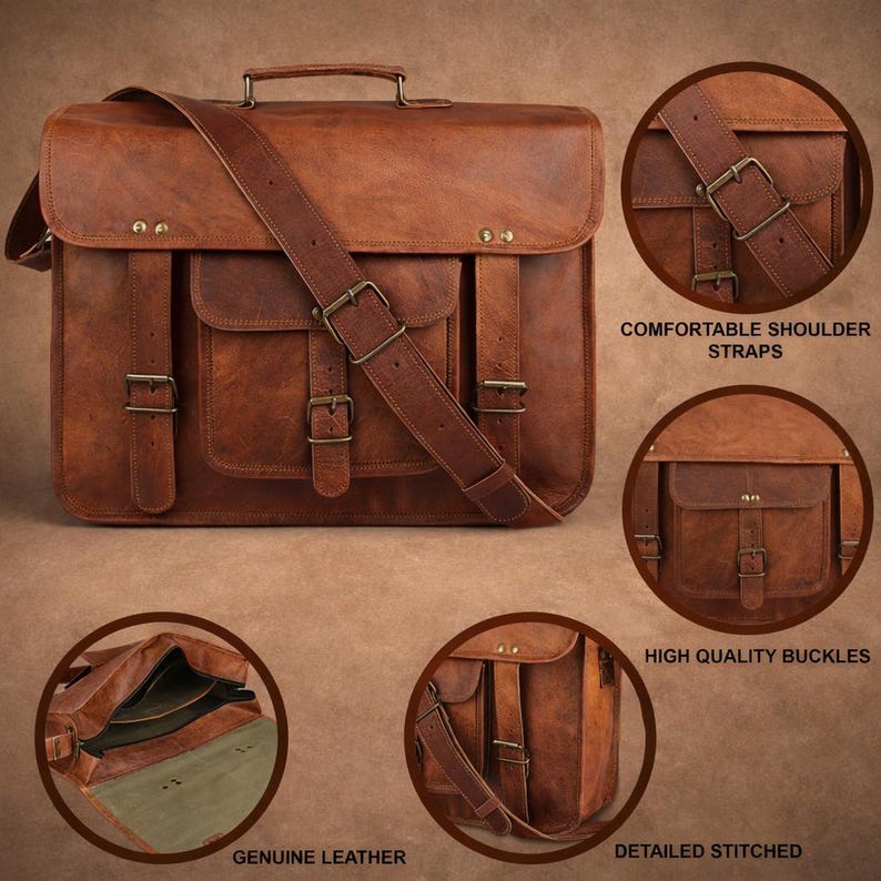 Full Grain Large Leather Laptop Briefcase 16", Messenger Bag With ...