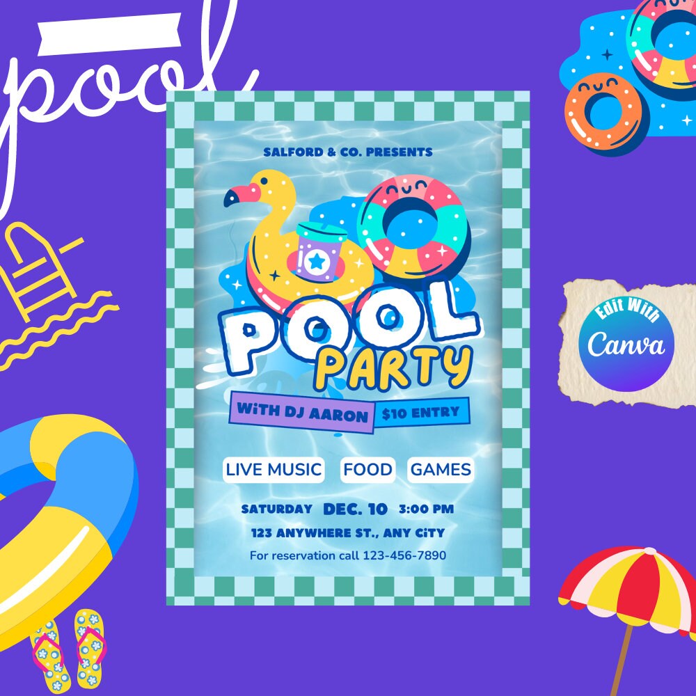 Editable Summer Pool Party Invitation, Digital Invitation Canva ...