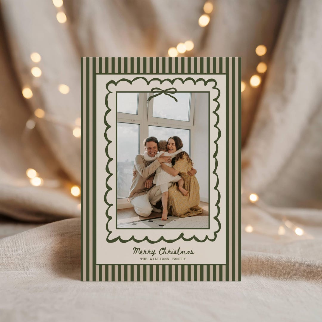 Boho Holiday Photo Card Template, Festive Green Stripes 2025 Christmas ...