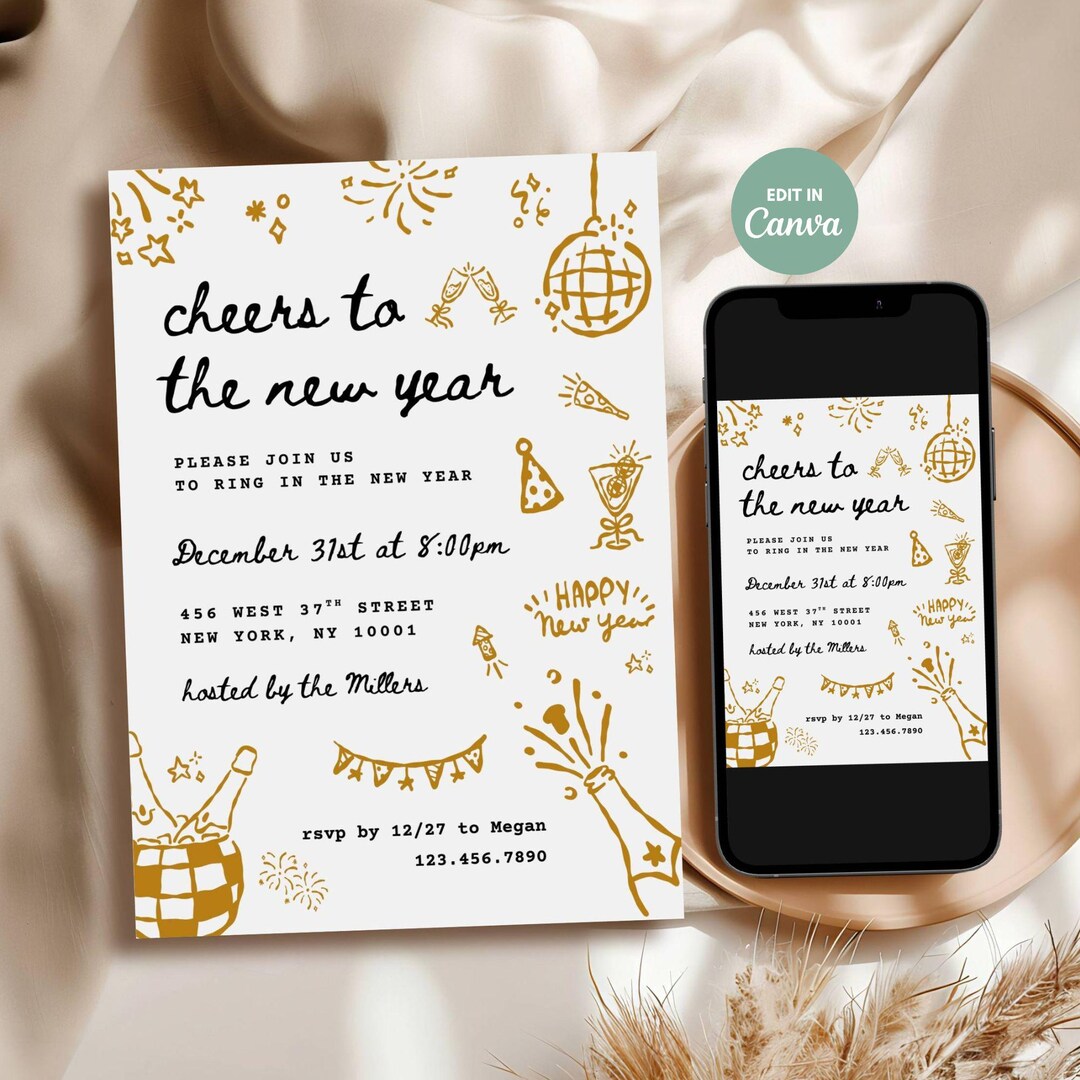 New Years Eve Party Invitation, Whimsical Hand Drawn Doodles, Editable ...