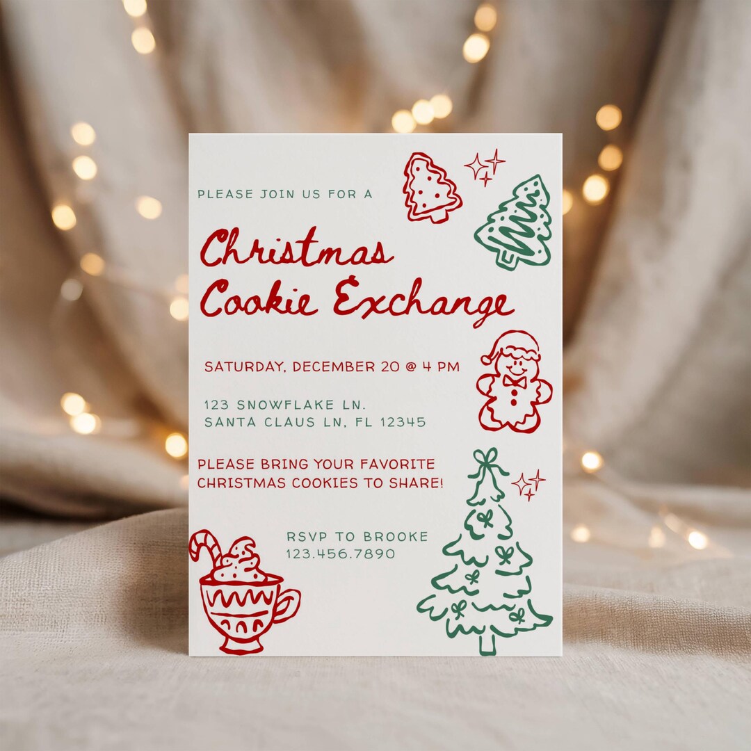 Christmas Cookie Exchange Invitation Template, Whimsical Hand Drawn ...