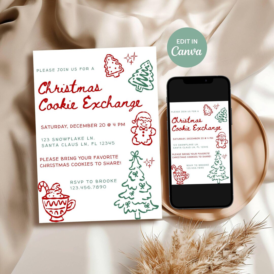 Christmas Cookie Exchange Invitation Template, Whimsical Hand Drawn ...