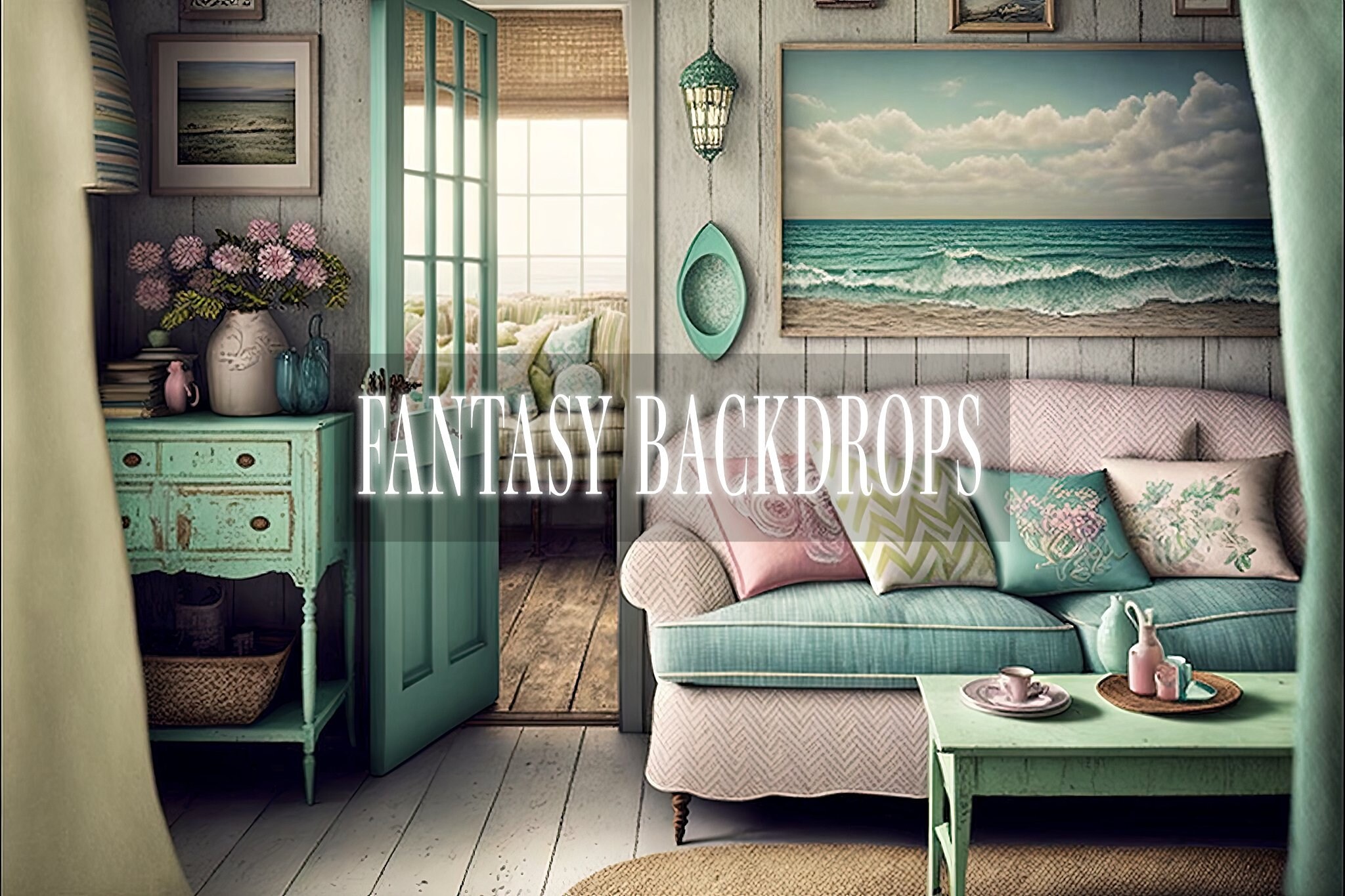 Beach Bungalow Rooms Digital Backdrops, Portrait Backdrop Overlays ...