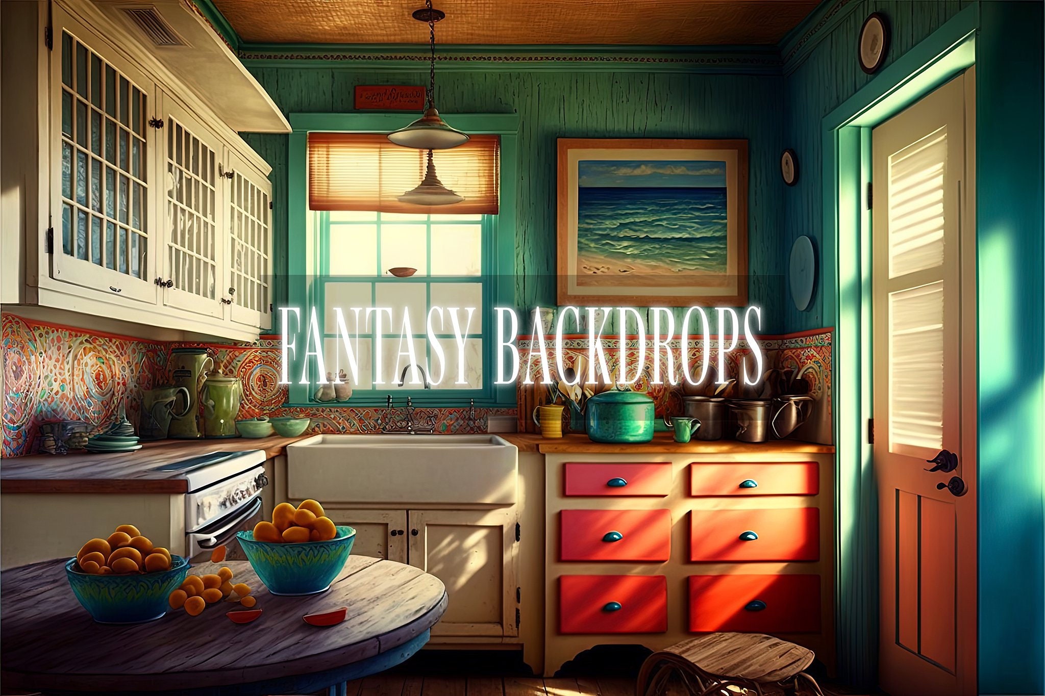 Beach Bungalow Kitchens Digital Backdrops, Portrait Backdrop Overlays ...