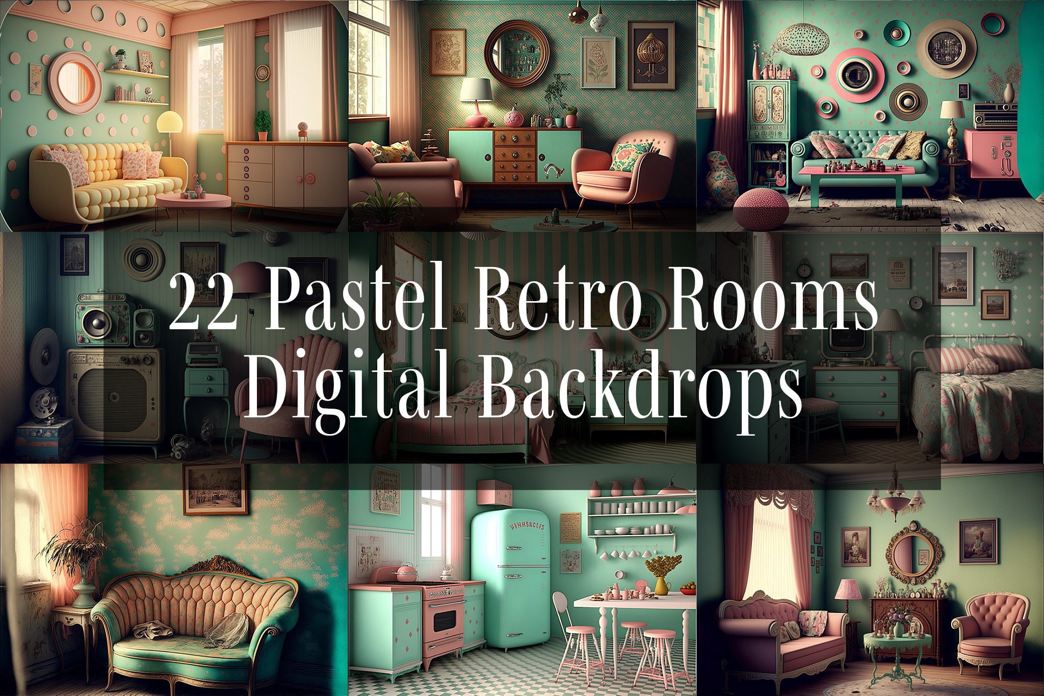 Retro Pastel Rooms Digital Backdrops, Portrait Backdrop Overlays ...
