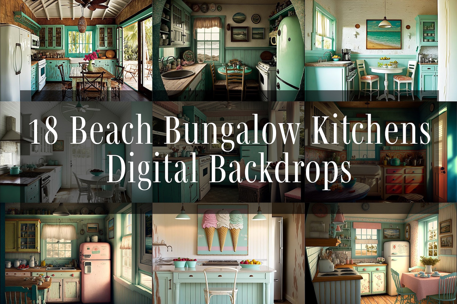 Beach Bungalow Kitchens Digital Backdrops, Portrait Backdrop Overlays ...